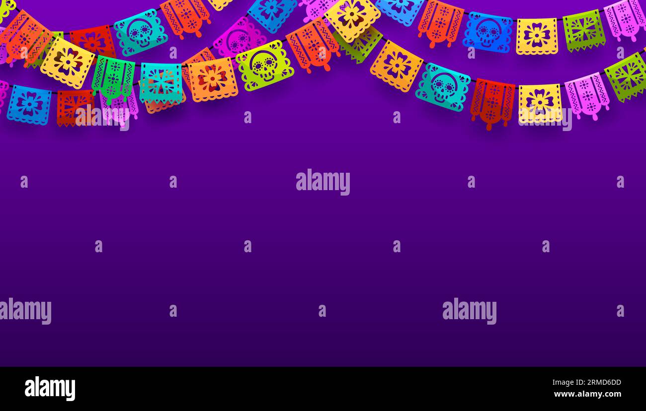 Mexican Dia de Los Muertos holiday background with papel picado flags ...