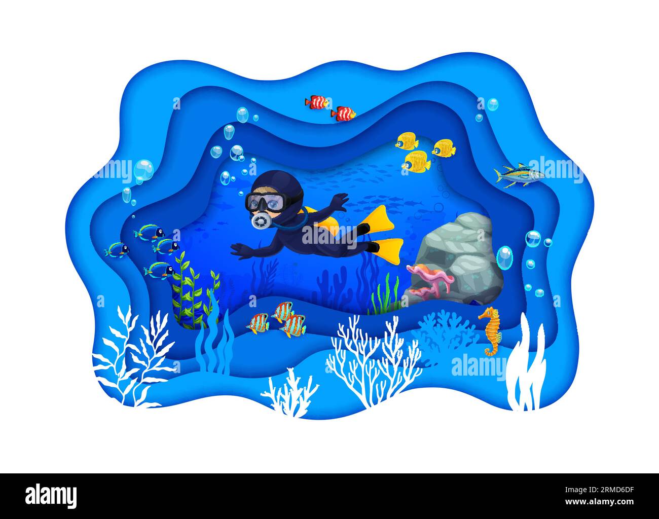 Young diver on cartoon tropical sea paper cut landscape exploring the ...