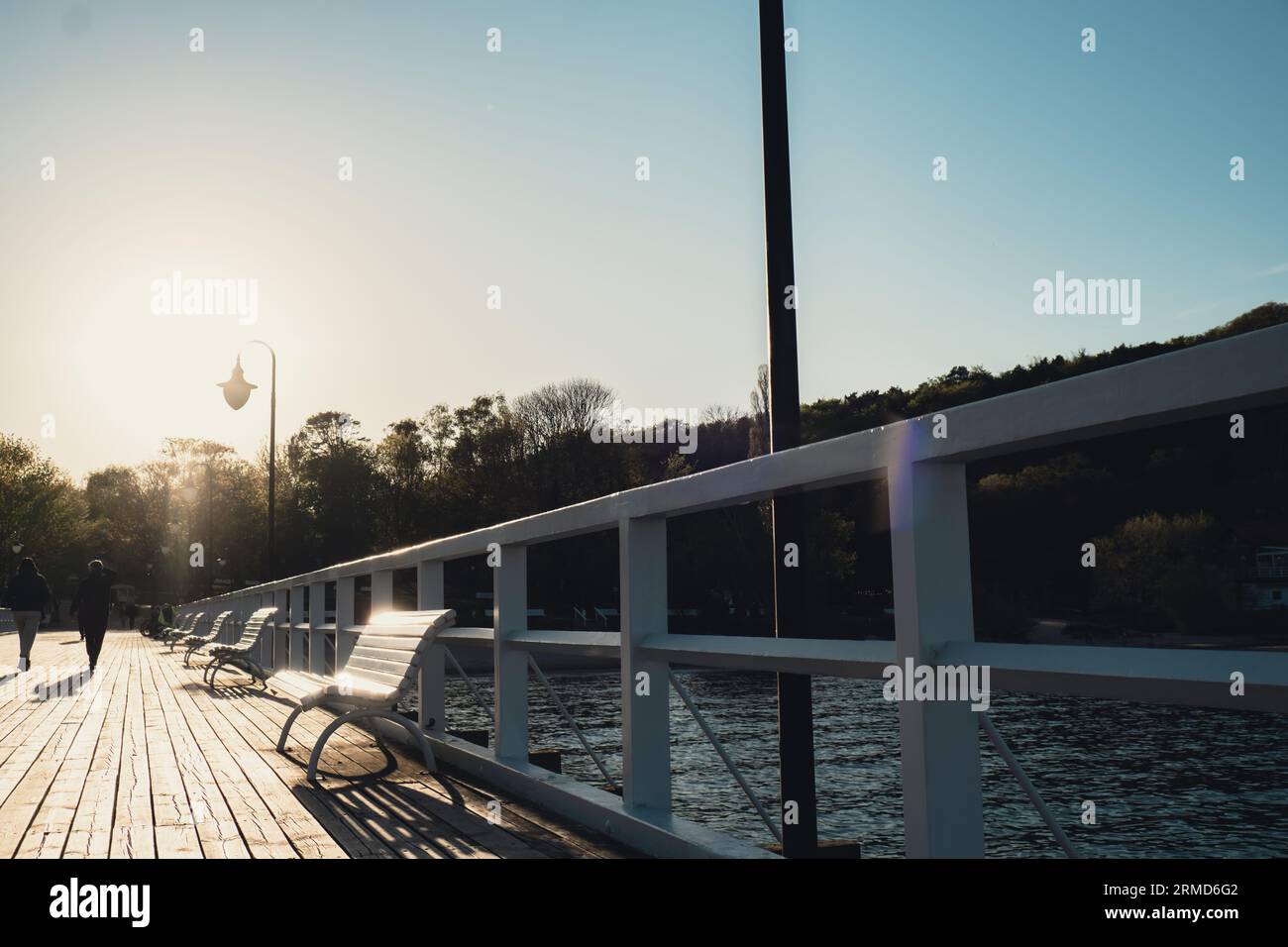 White Old wood bridge pier against beautiful sunset sky natural ...