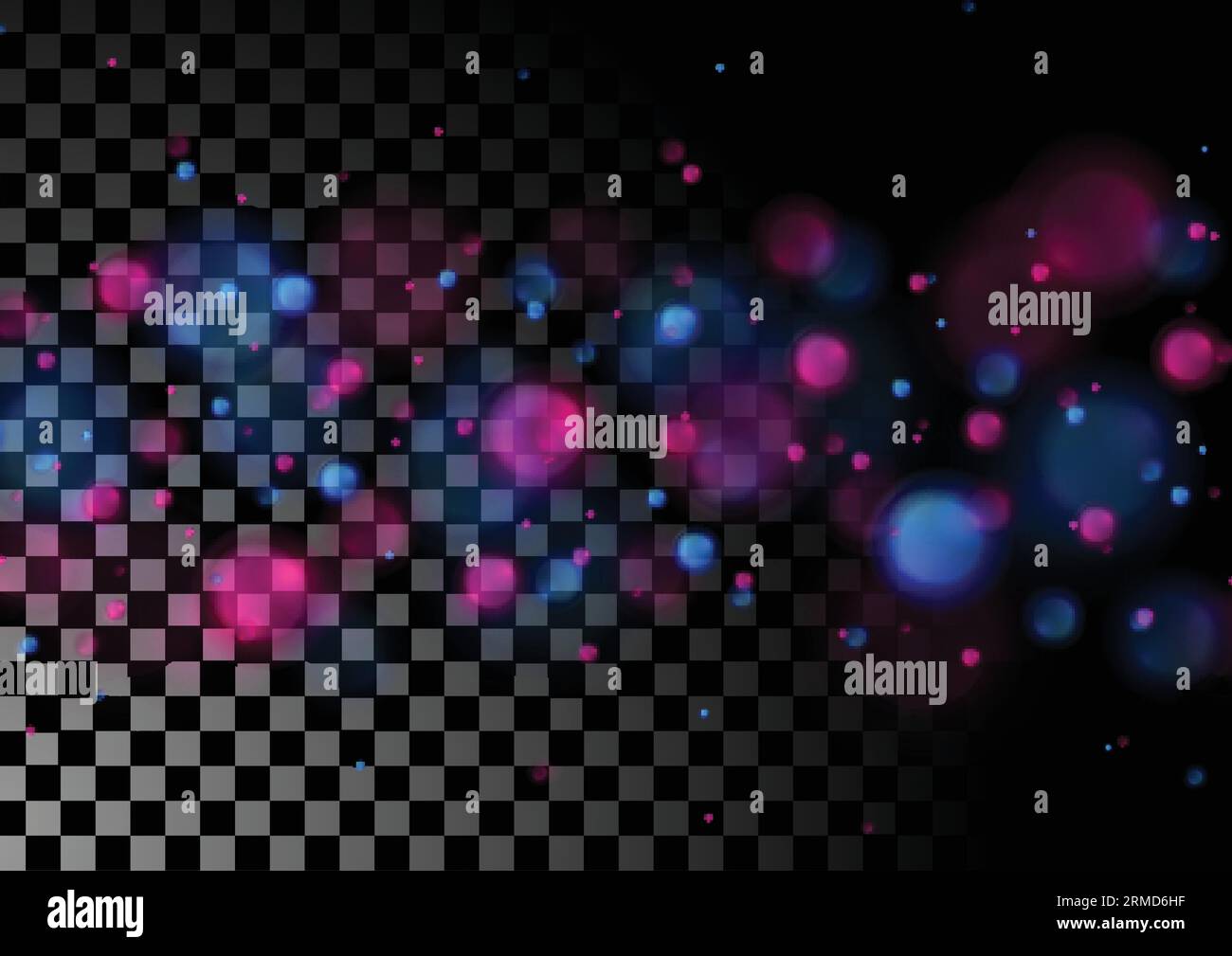 Blue purple luminous bokeh lights particles on checkered transparent ...