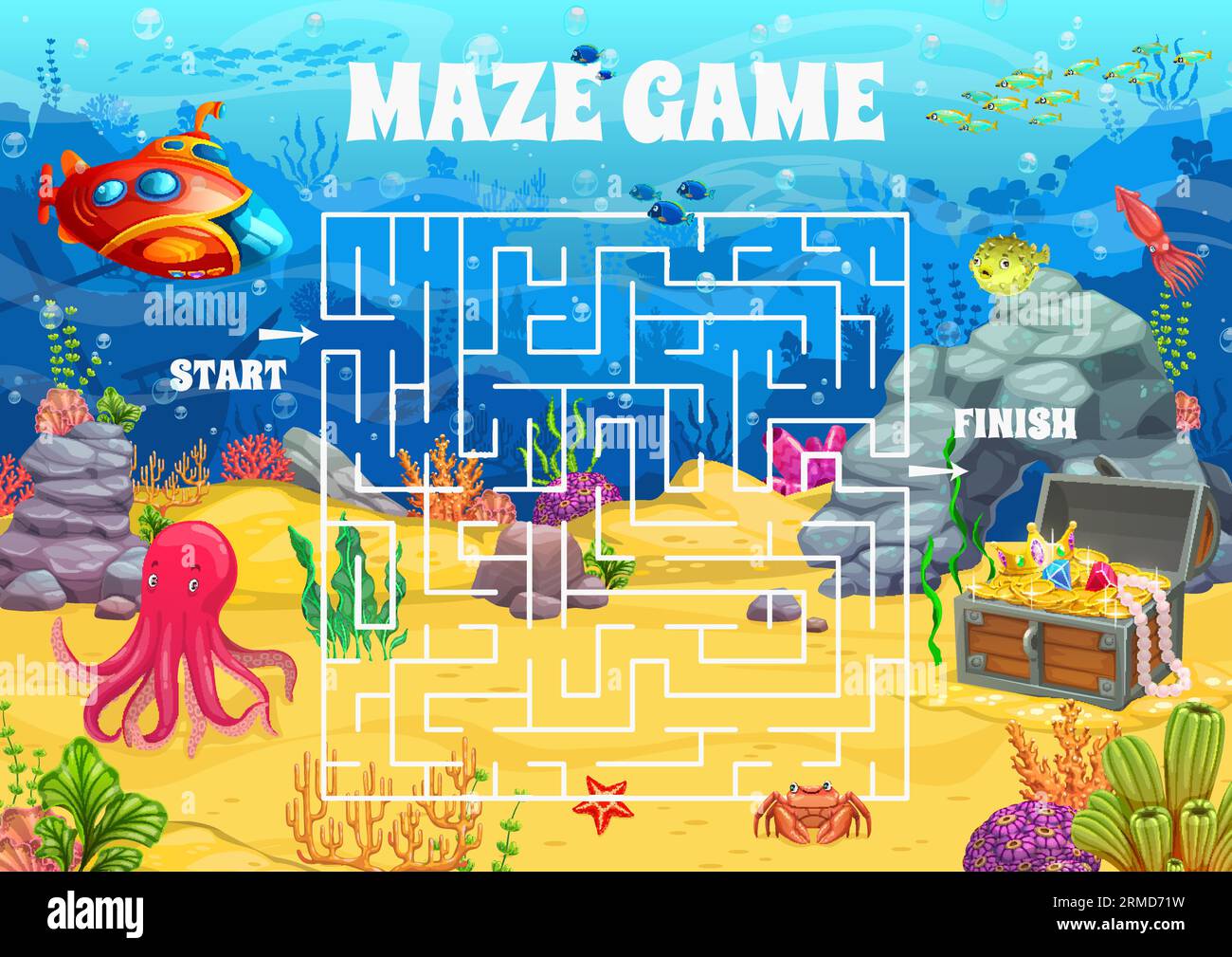 Labyrinth maze on sea bottom landscape, help to explorers find treasure ...