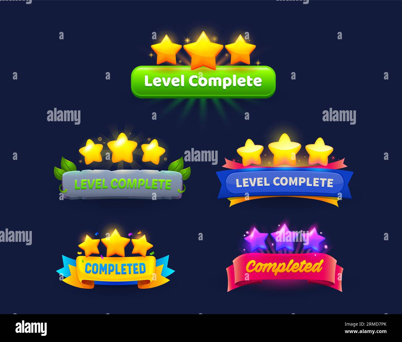 Game level complete or level up badge icons with shining stars, green leaves, stone plate and ...