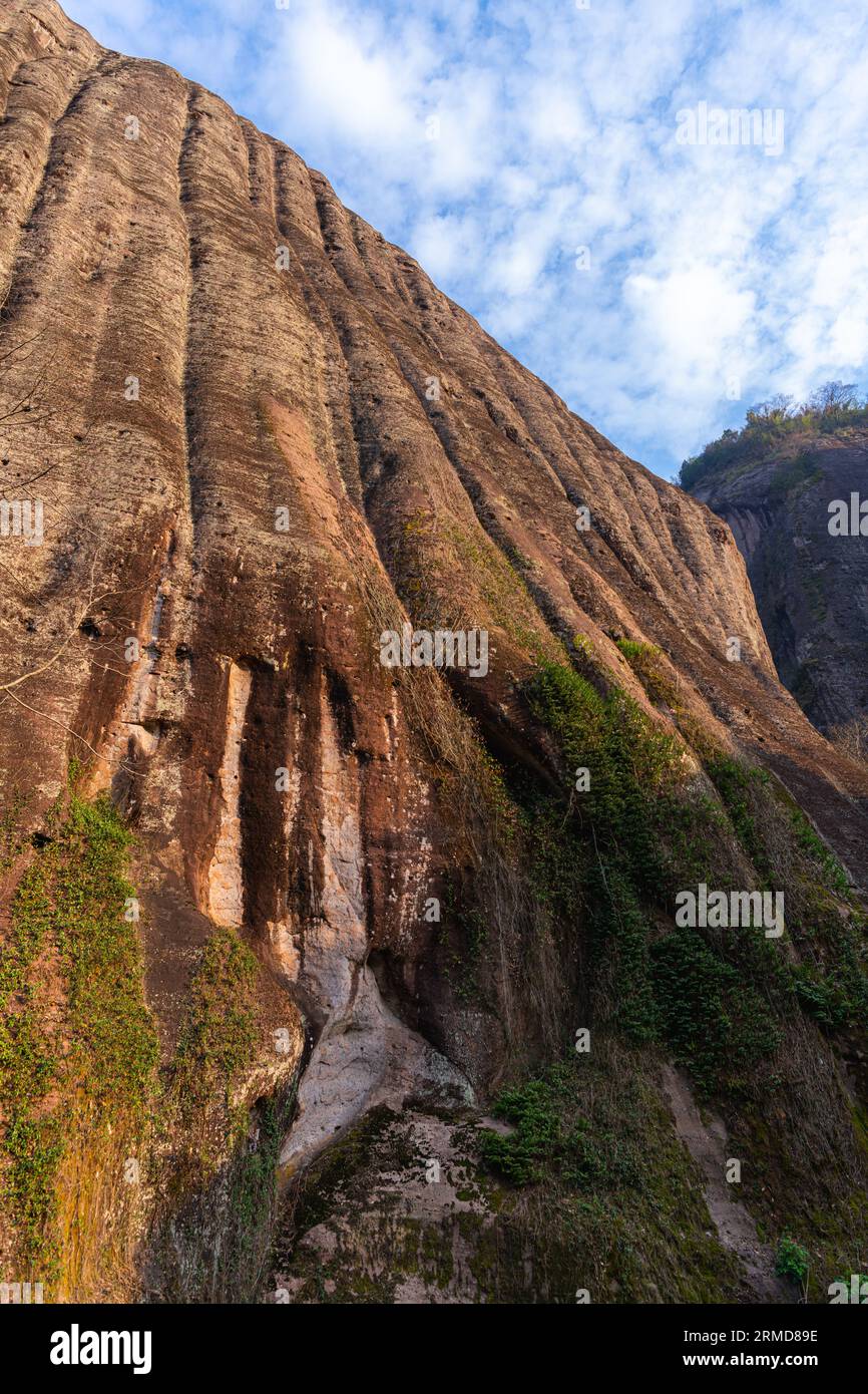 Close up on Rock formations lining the nine bend river or Jiuxi in ...