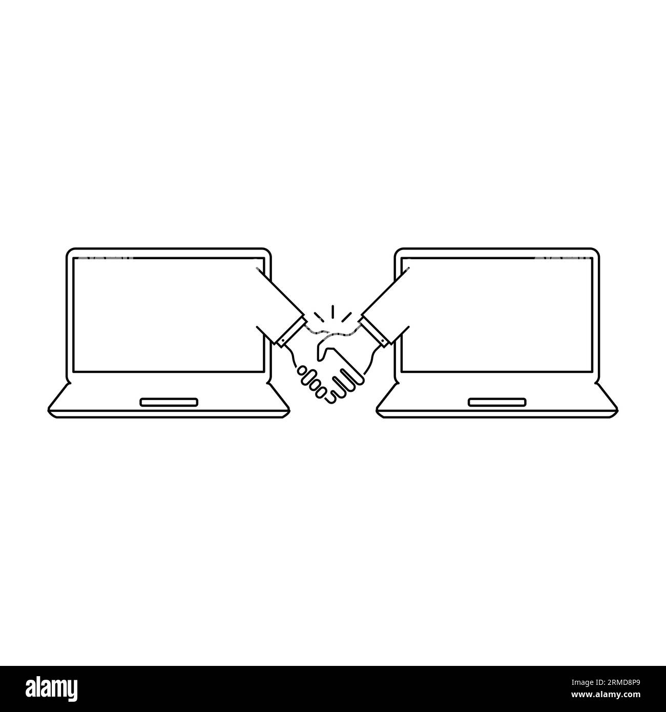 linear handshake and laptops like partnership. simple flat lineart ...