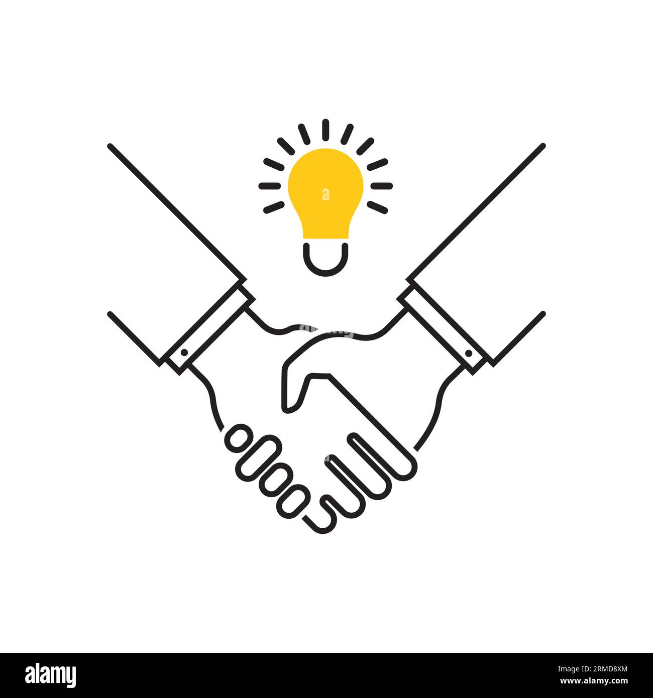 thin line shakehand with abstract bulb icon. simple outline trend ...