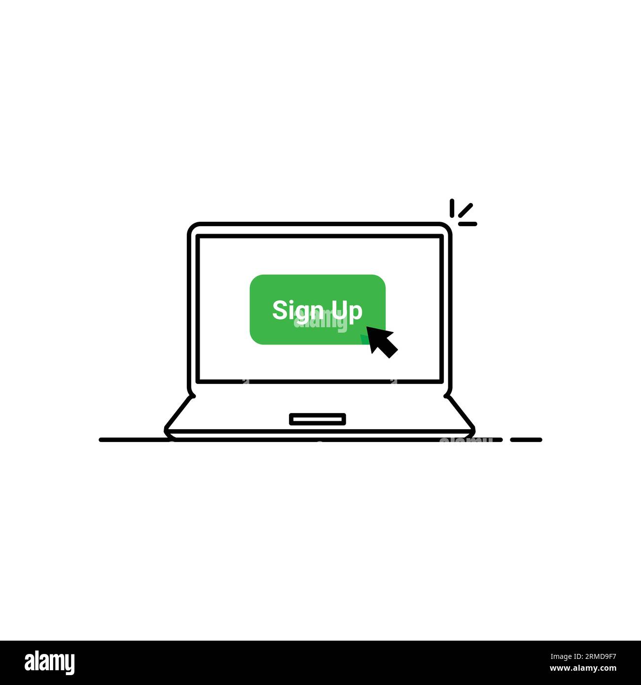 black thin line laptop with sign up button. flat linear modern logotype ...