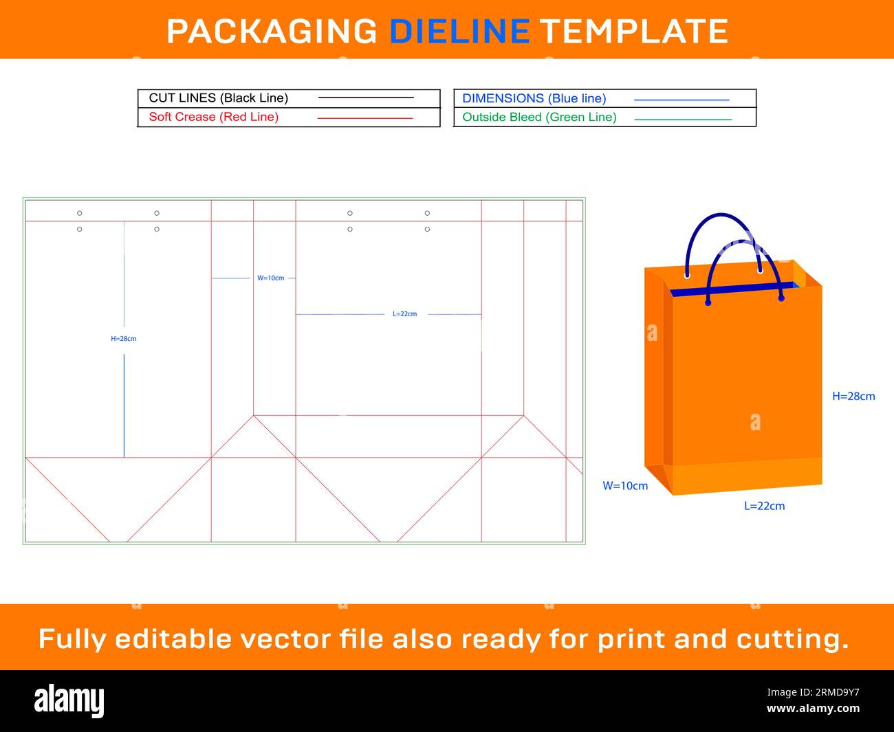 Custom Paper Shopping Bag 22x10x28 cm Die line Template Stock Vector ...