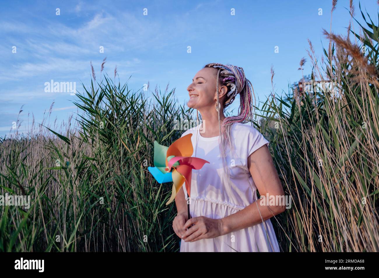 girl with multicolored pigtails, face sideways, holding windmill in her ...