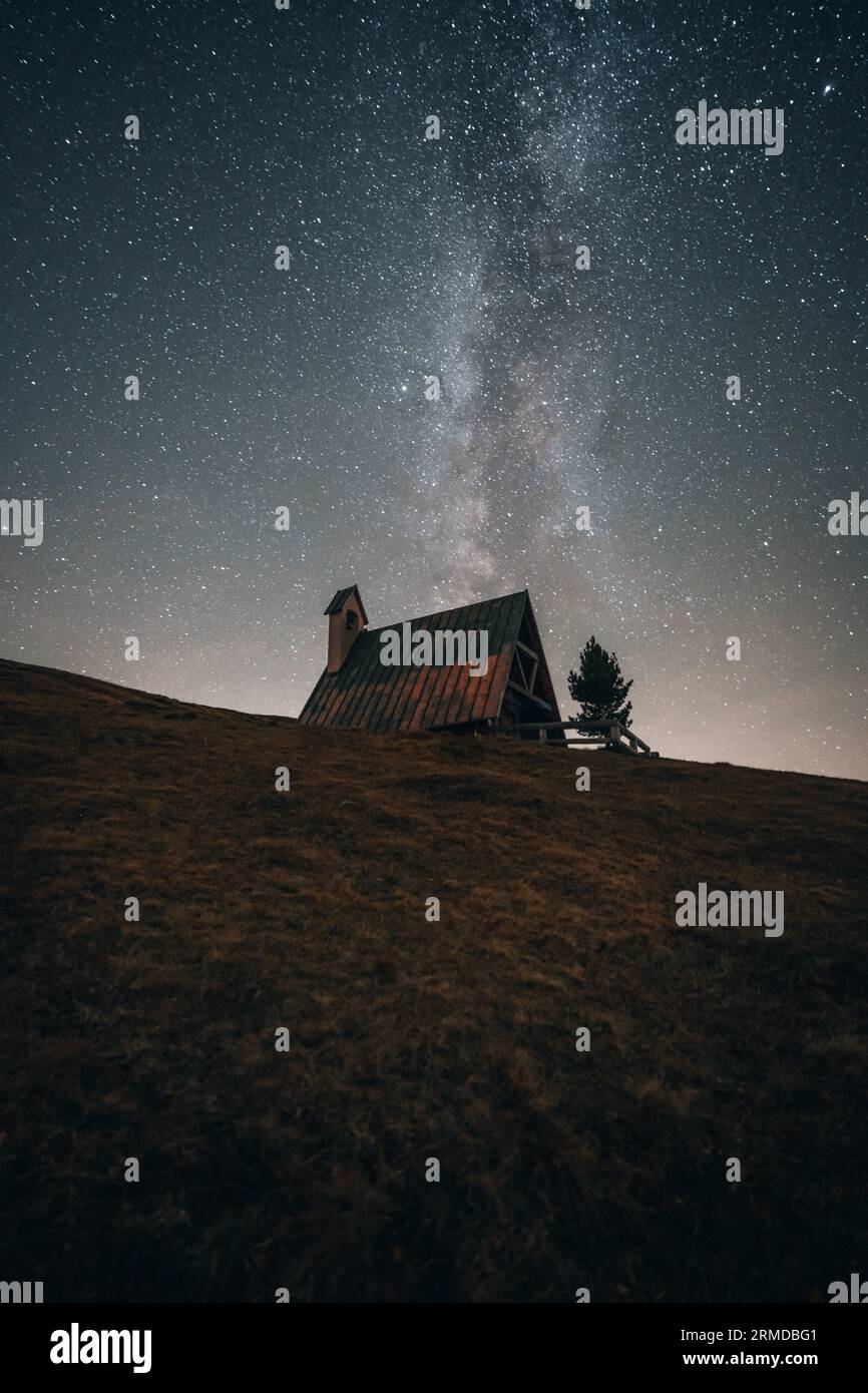 Astro photo of small church at Passo Giau pass in Dolomites South Tyrol ...