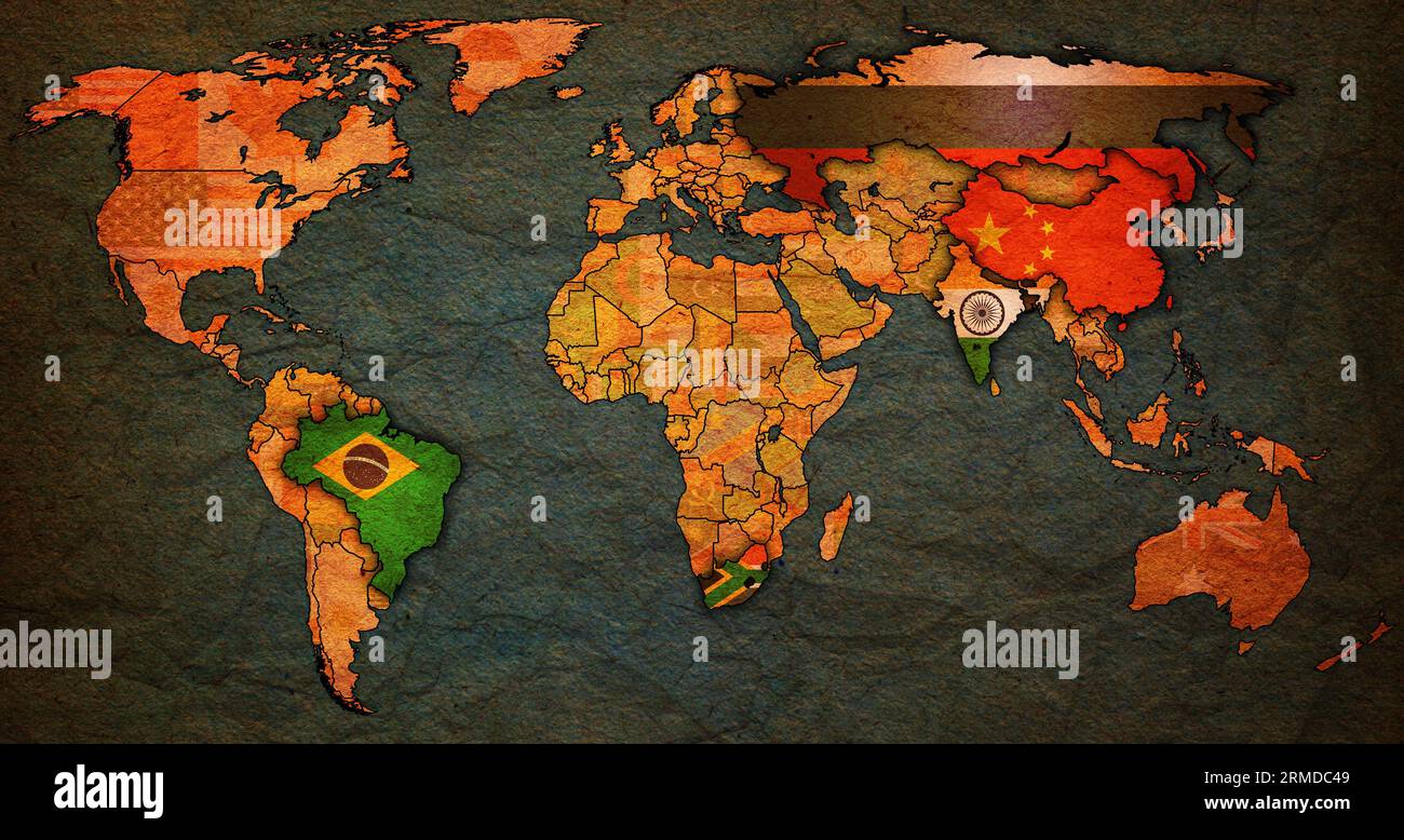 BRICS member countries flags on political world map with national ...