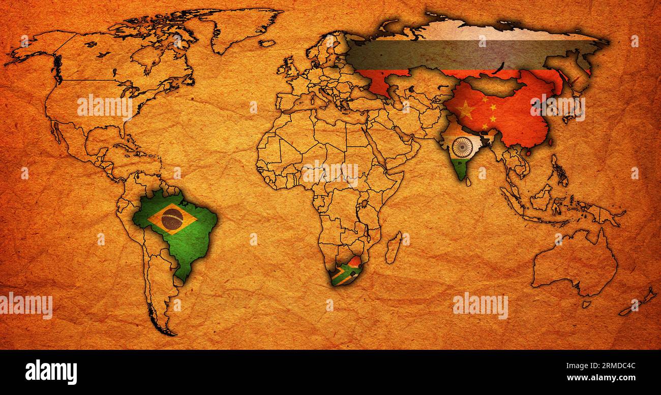 BRICS member countries flags on political world map with national ...