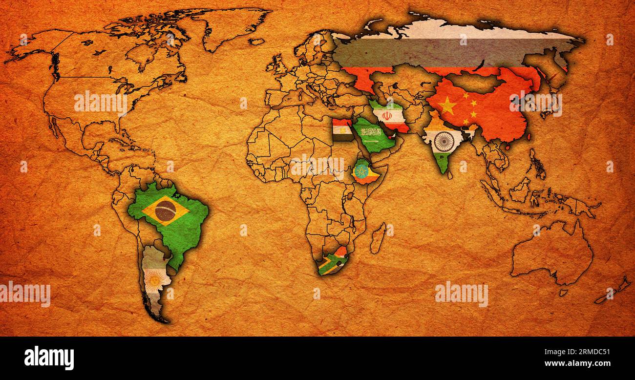 BRICS member countries and candidates flags on political world map with ...