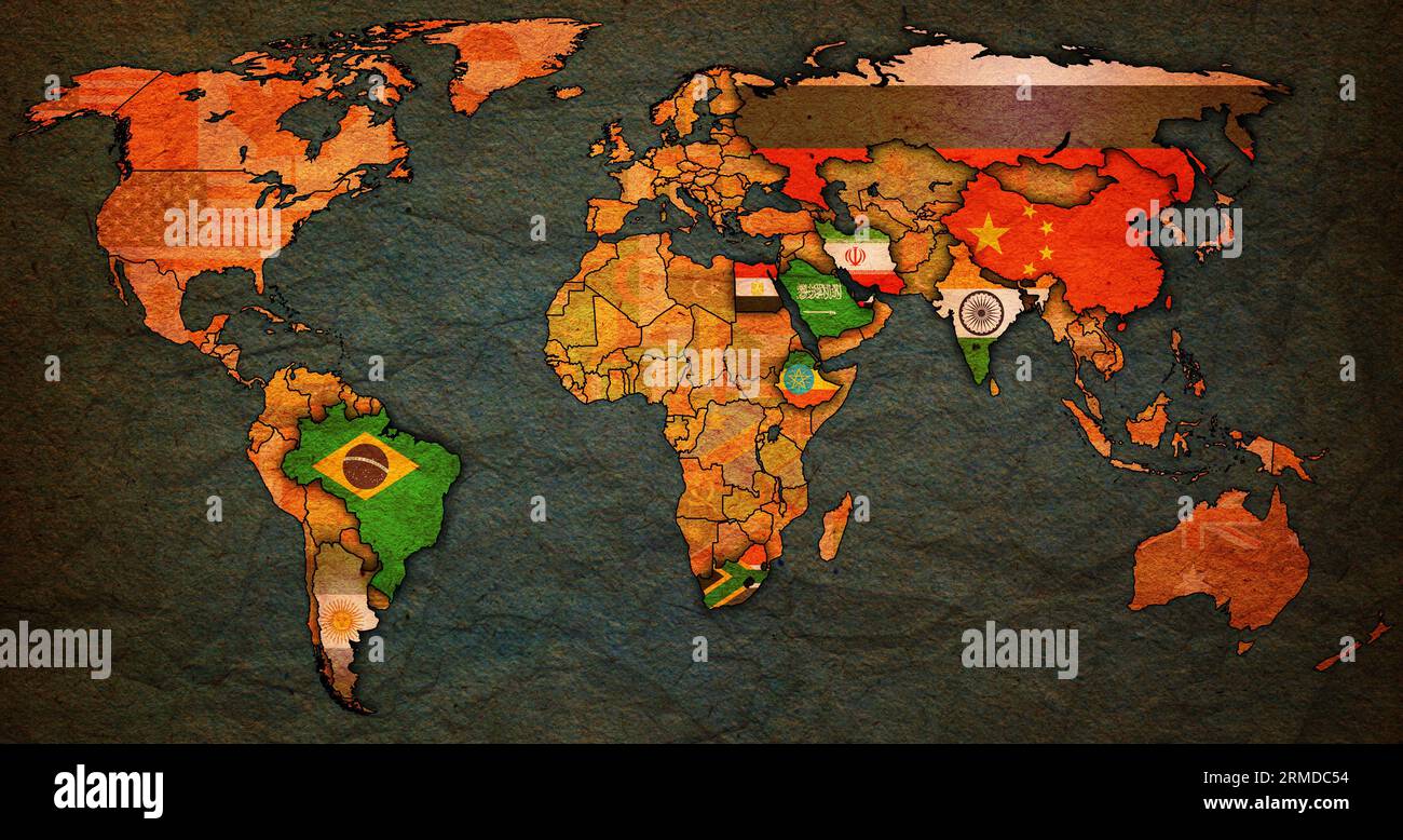 BRICS member countries and candidates flags on political world map with ...