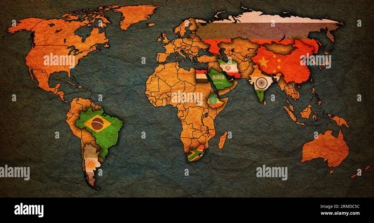 BRICS member countries and candidates flags on political world map with ...