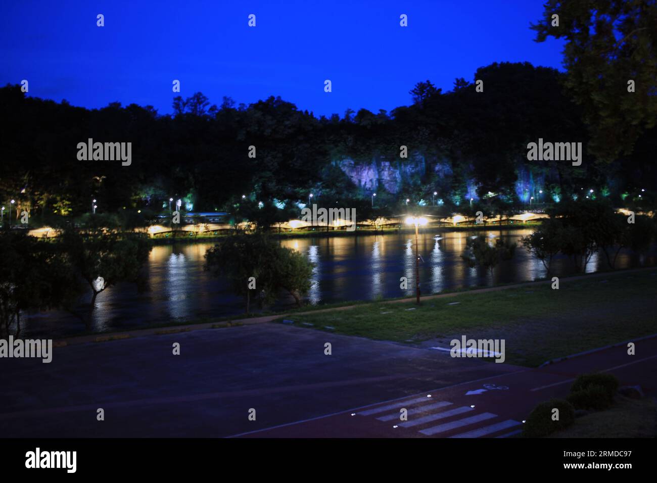 Summer night view and colorful round bokeh of Namgang River in Jinju-si ...