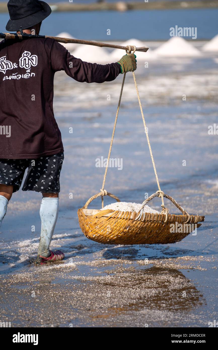 Local people working on the salt flats in Phetchaburi, Thailand, Asia ...