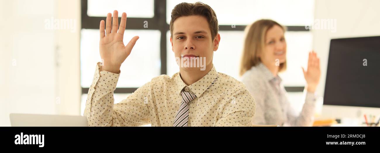 Successful employees in office raised their hands, close-up Stock Photo ...