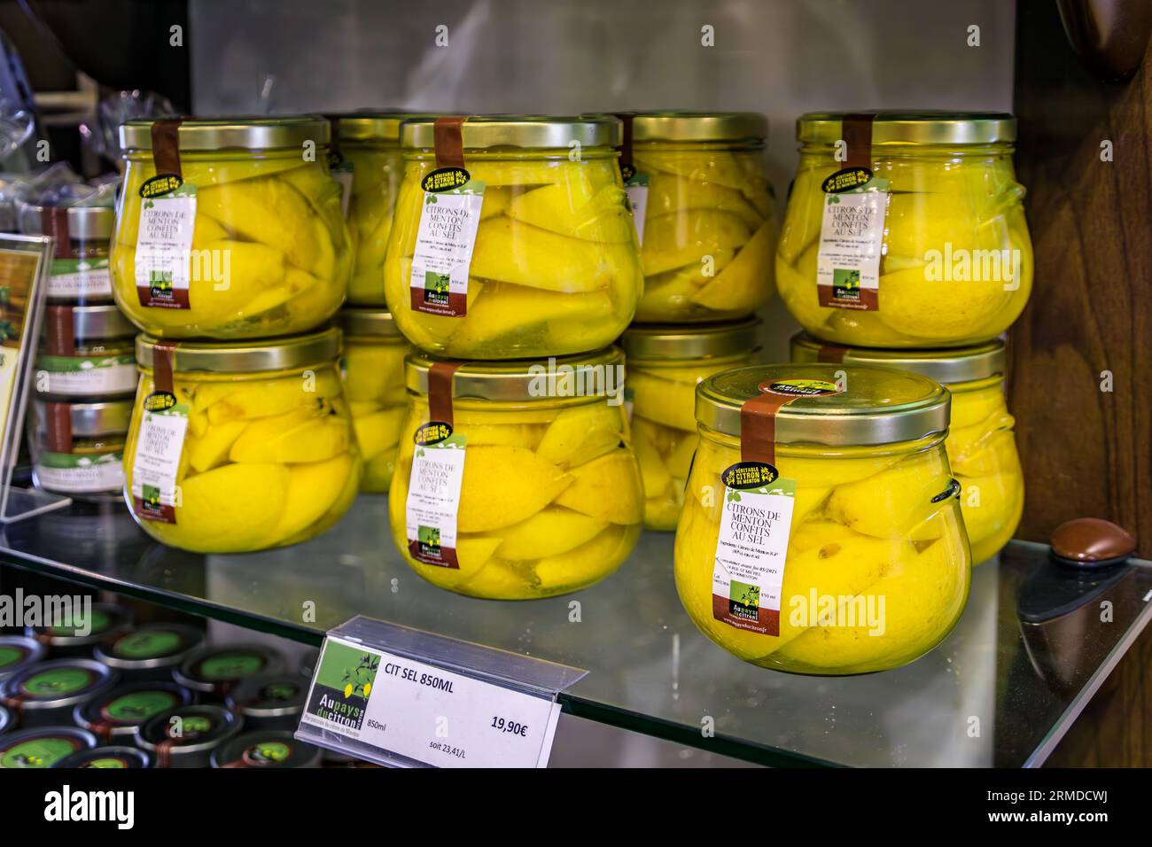 Menton, France - May 26, 2023: Colorful yellow local lemon confit ...