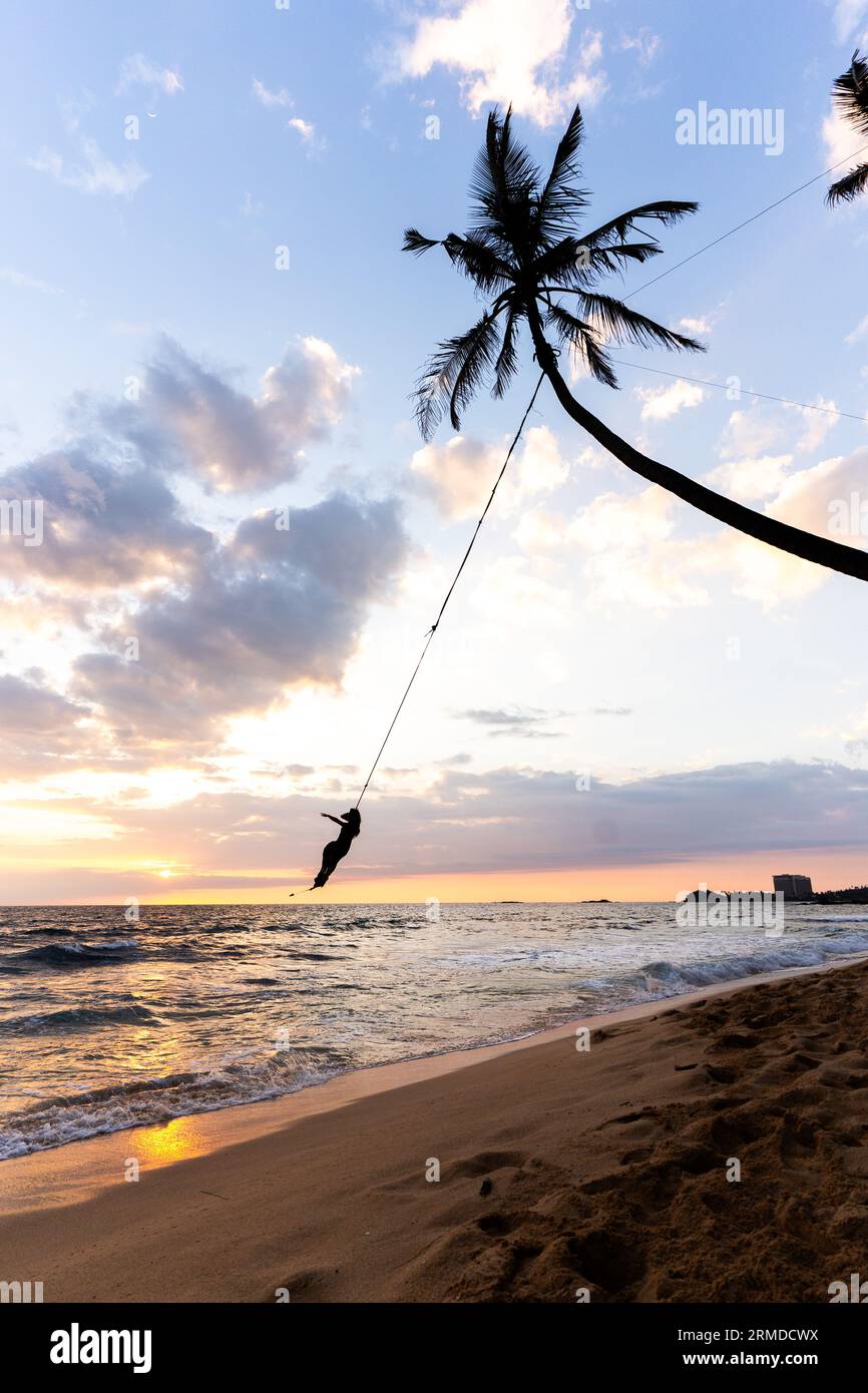 Palm tree swing above ocean at Dalawella Beach, Unawatuna, Sri Lanka ...