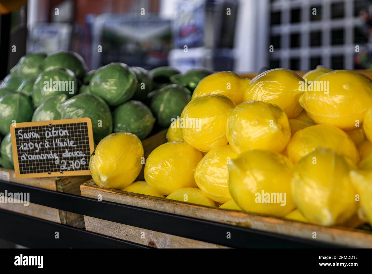 Colorful natural yellow lemon scented handmade soap at a local farmers ...