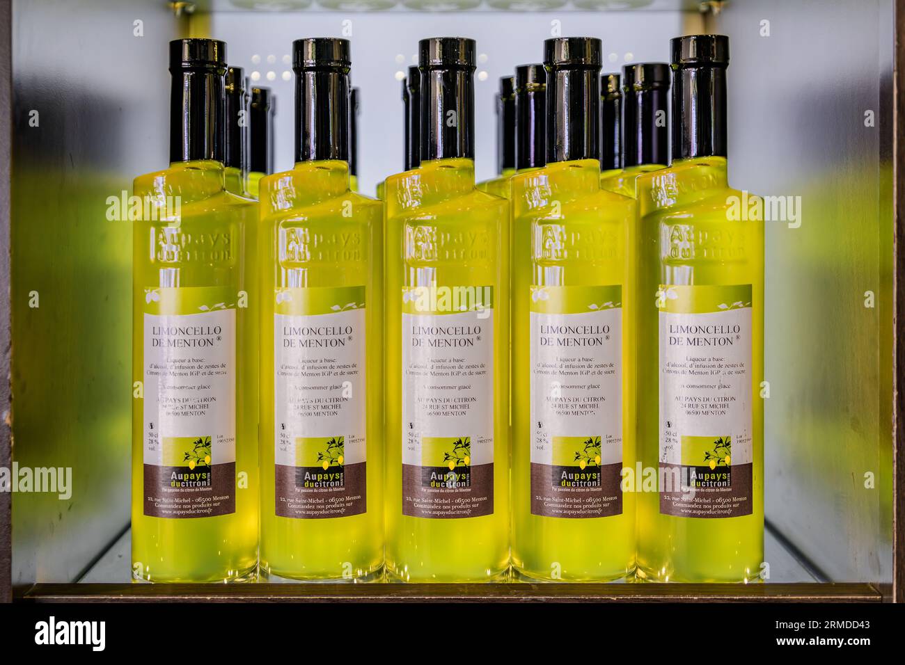Menton, France - May 26, 2023: Colorful gourmet limoncello from the ...