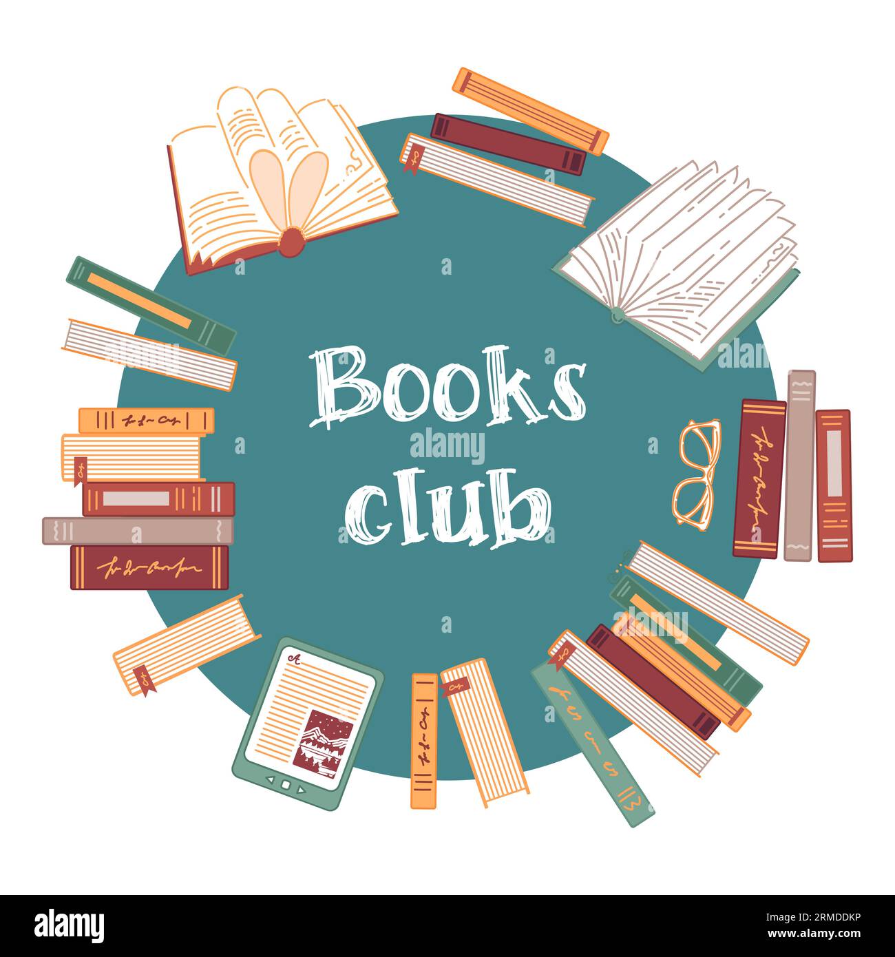 Book club. Round frame made of books. Stacks of textbooks, e-book ...