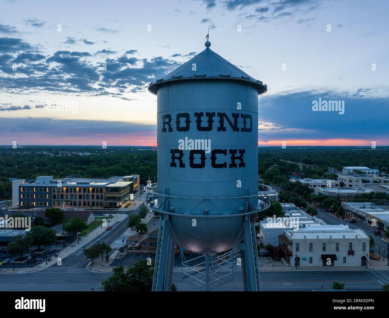 An aerial view of the Round Rock water tower at sunrise in Texas, the ...