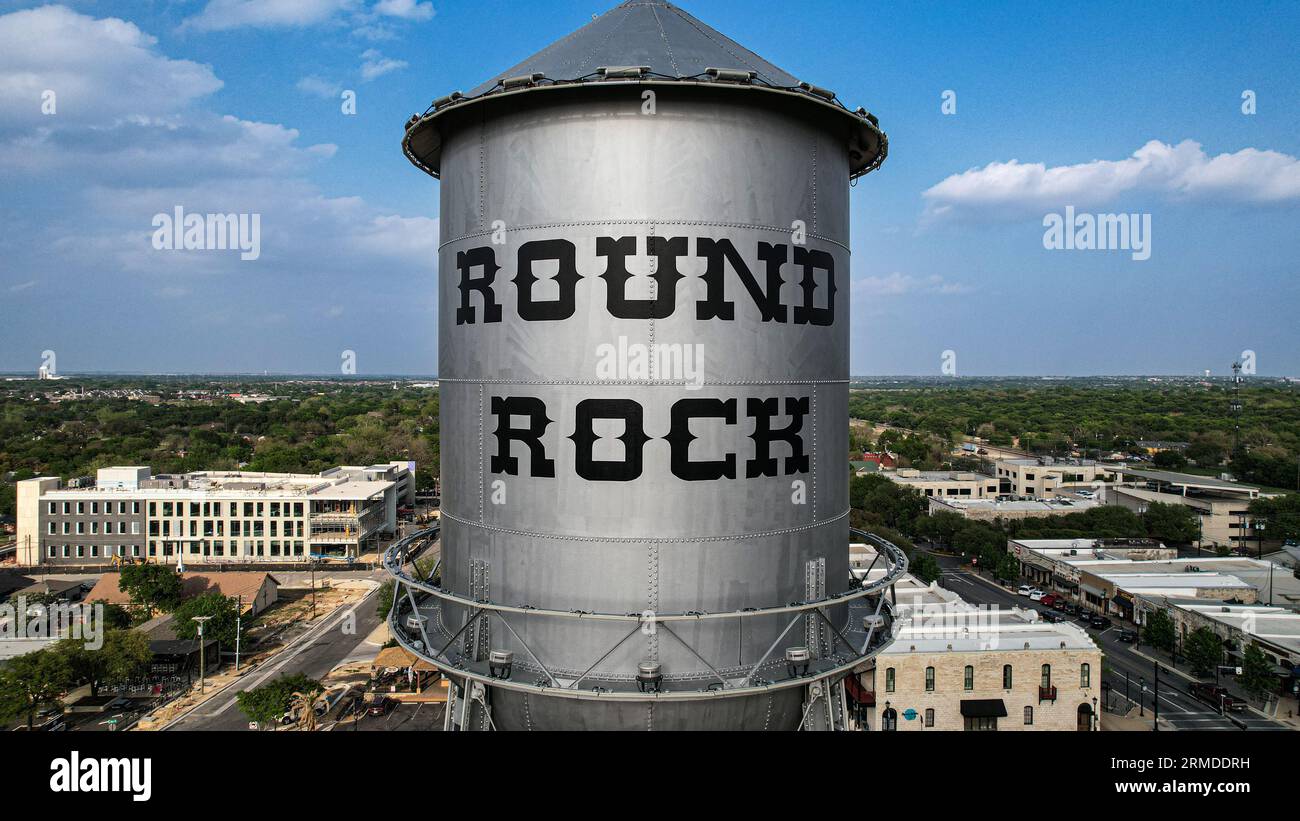 An aerial view of the Round Rock water tower at sunrise in Texas, the ...