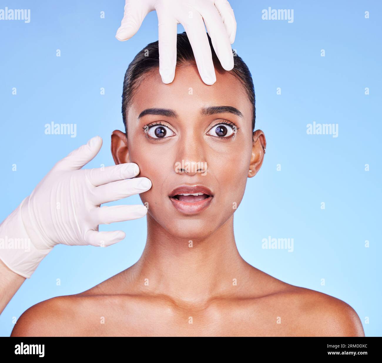 Scared, doctor and portrait of Indian woman for plastic surgery ...