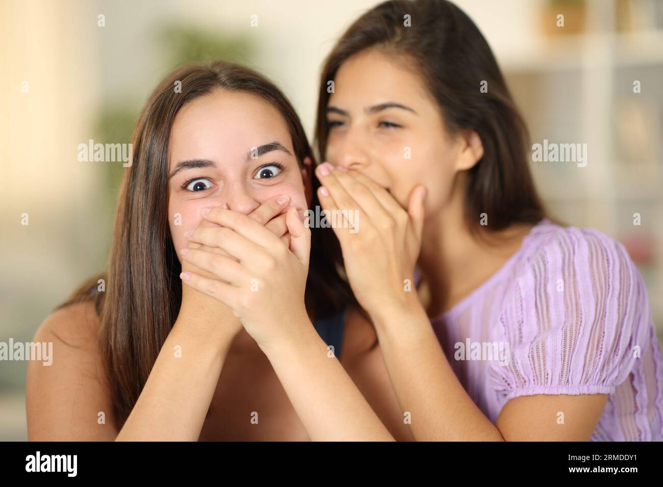 Woman sushing a secret to the ear of a surprised friend at home Stock ...