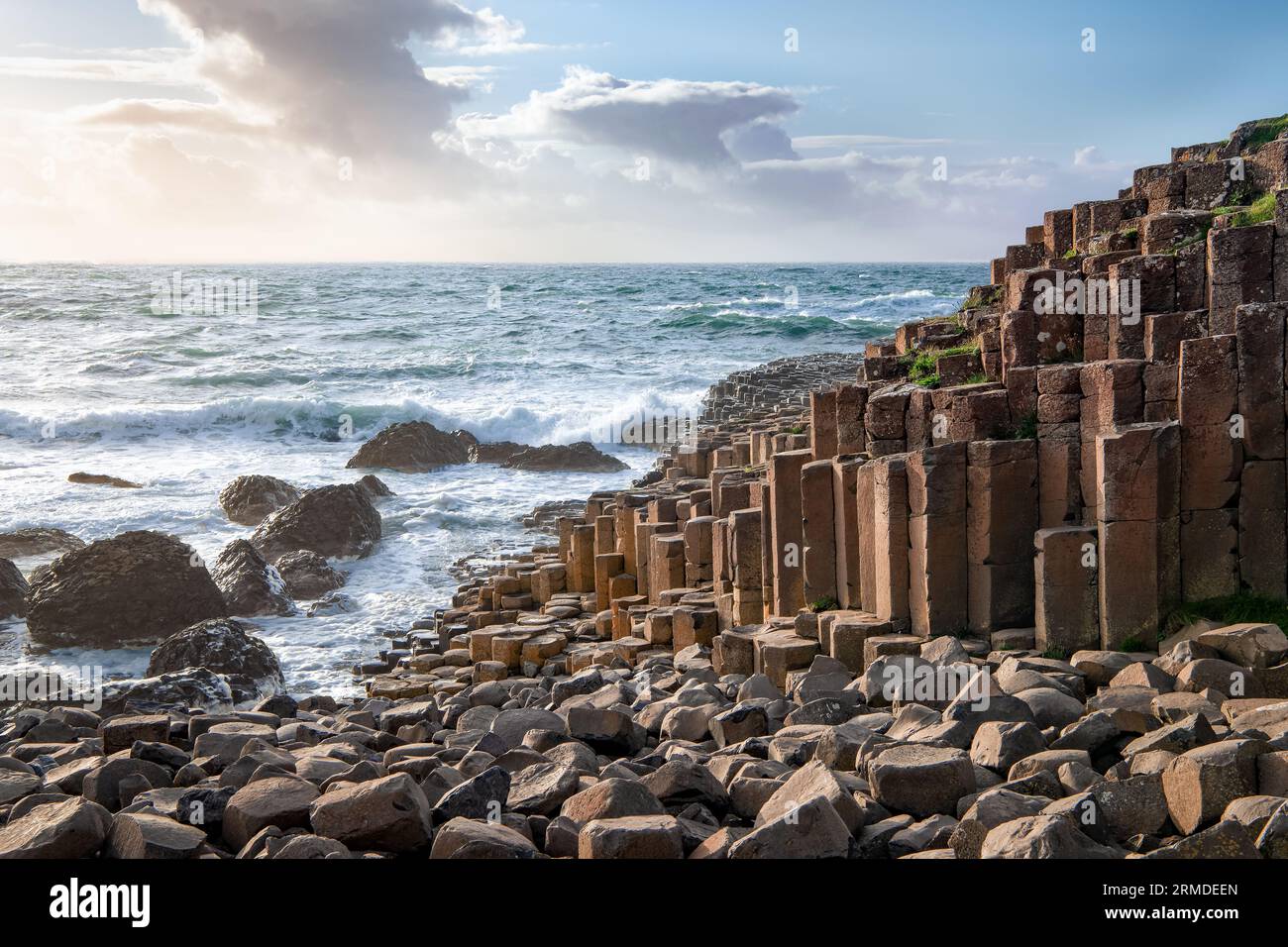 Evening seaside landscape at Giants Causeway in Northern Ireland. Copy ...
