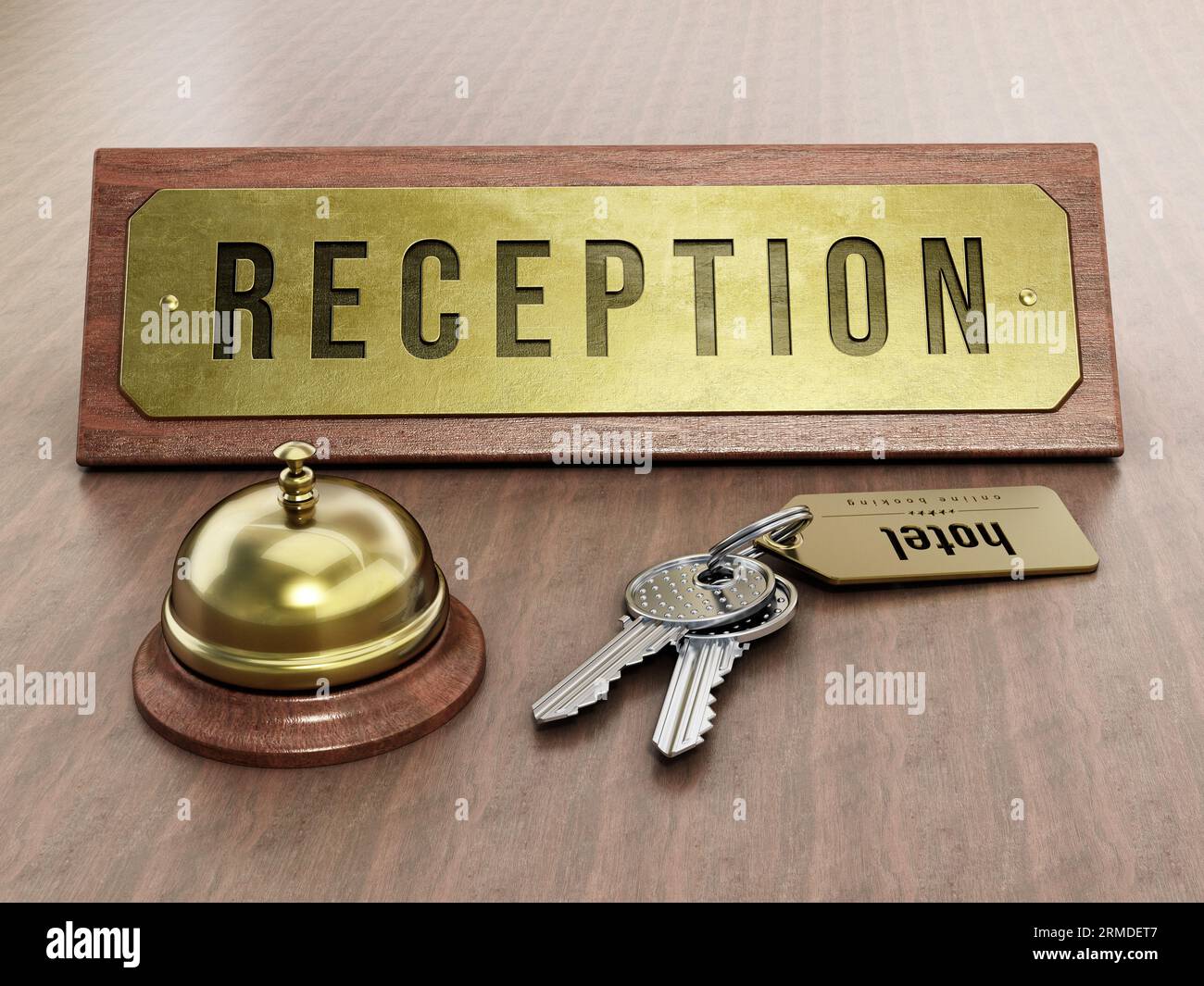Hotel reception sign, service bell and room keys. 3D illustration Stock ...