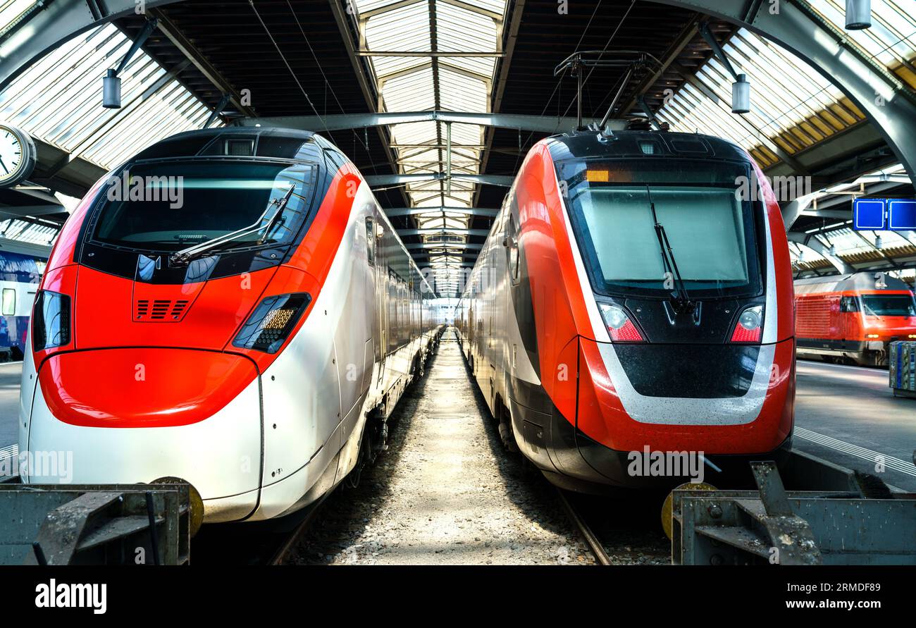 Modern passenger trains at Zurich Main Station in Switzerland Stock ...