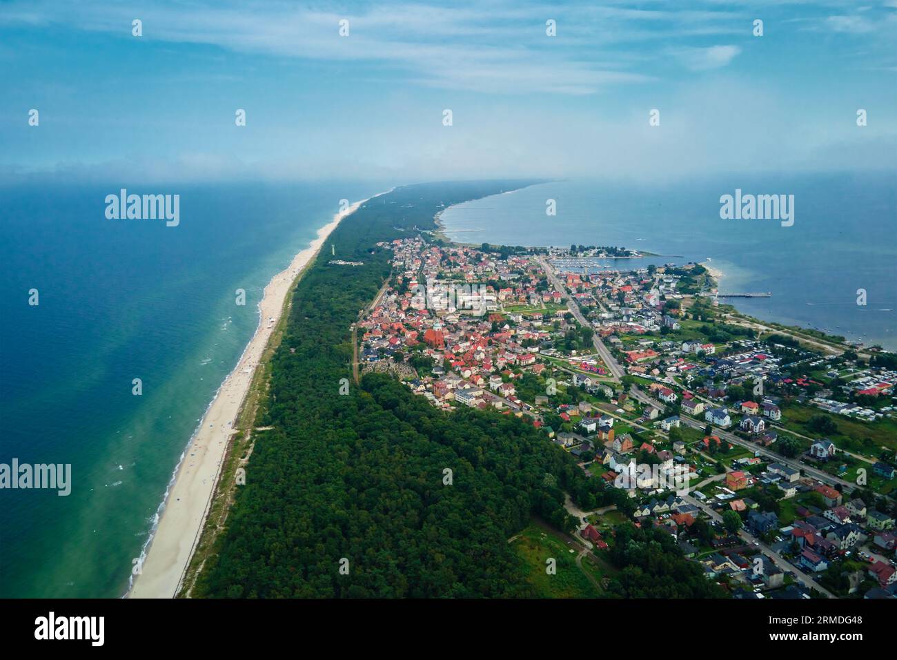 Birds eye view of sea landscape with sandy beach and Jastarnia city on ...