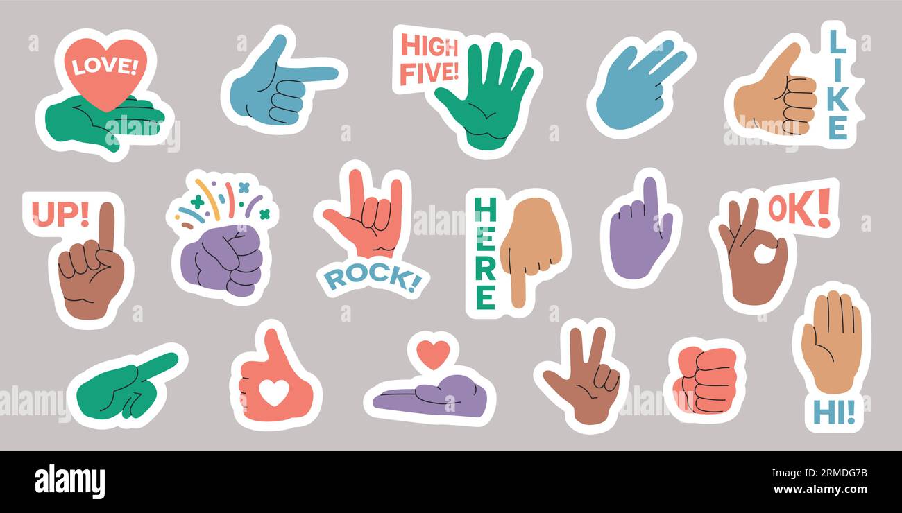 Comic hand stickers. Cute labels with hand expression and gestures ...