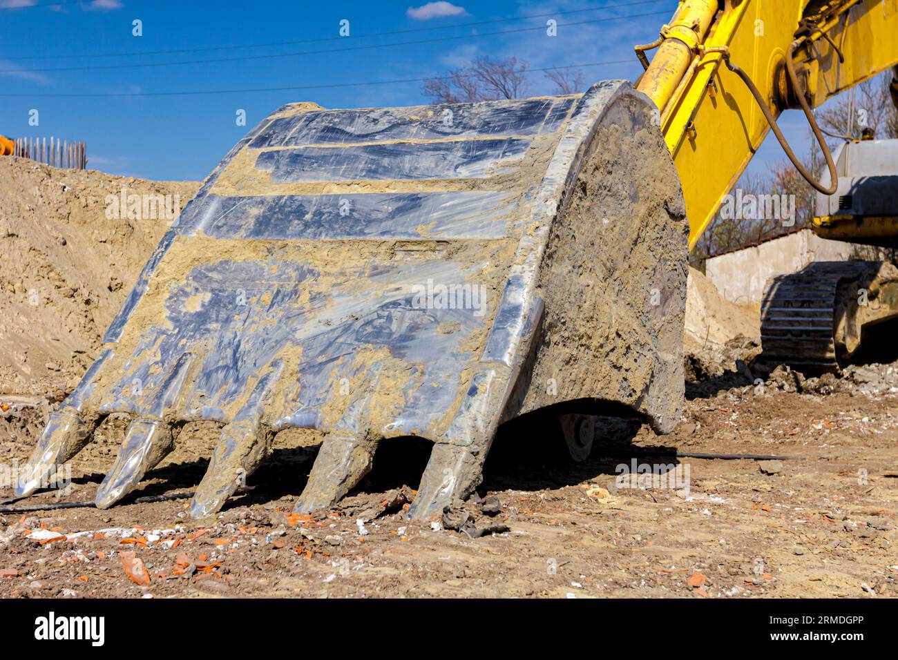Excavator's front tool, bucket, blade, parked at building site Stock ...