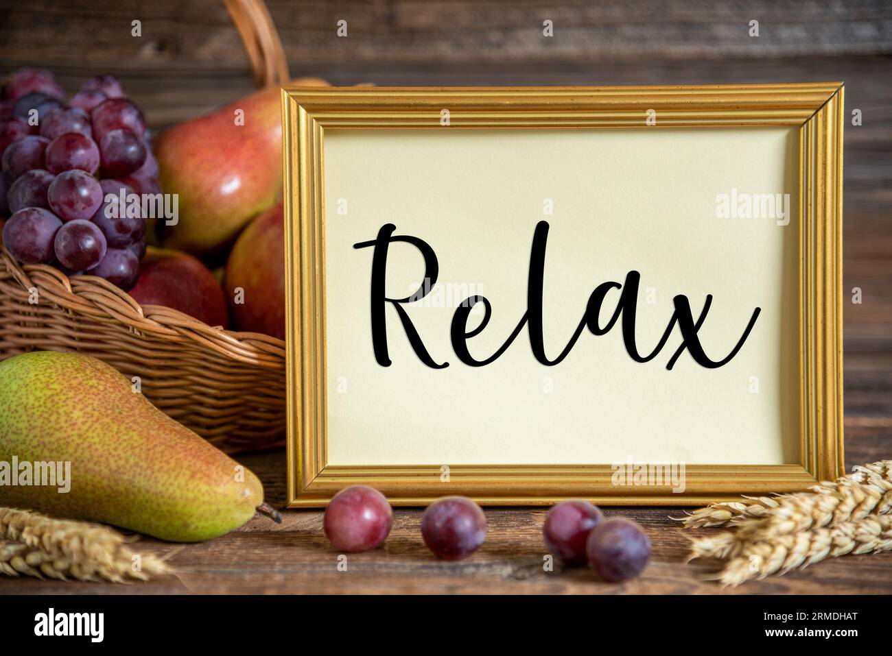 Fall Decoration with Fruits and Text Relax Stock Photo - Alamy