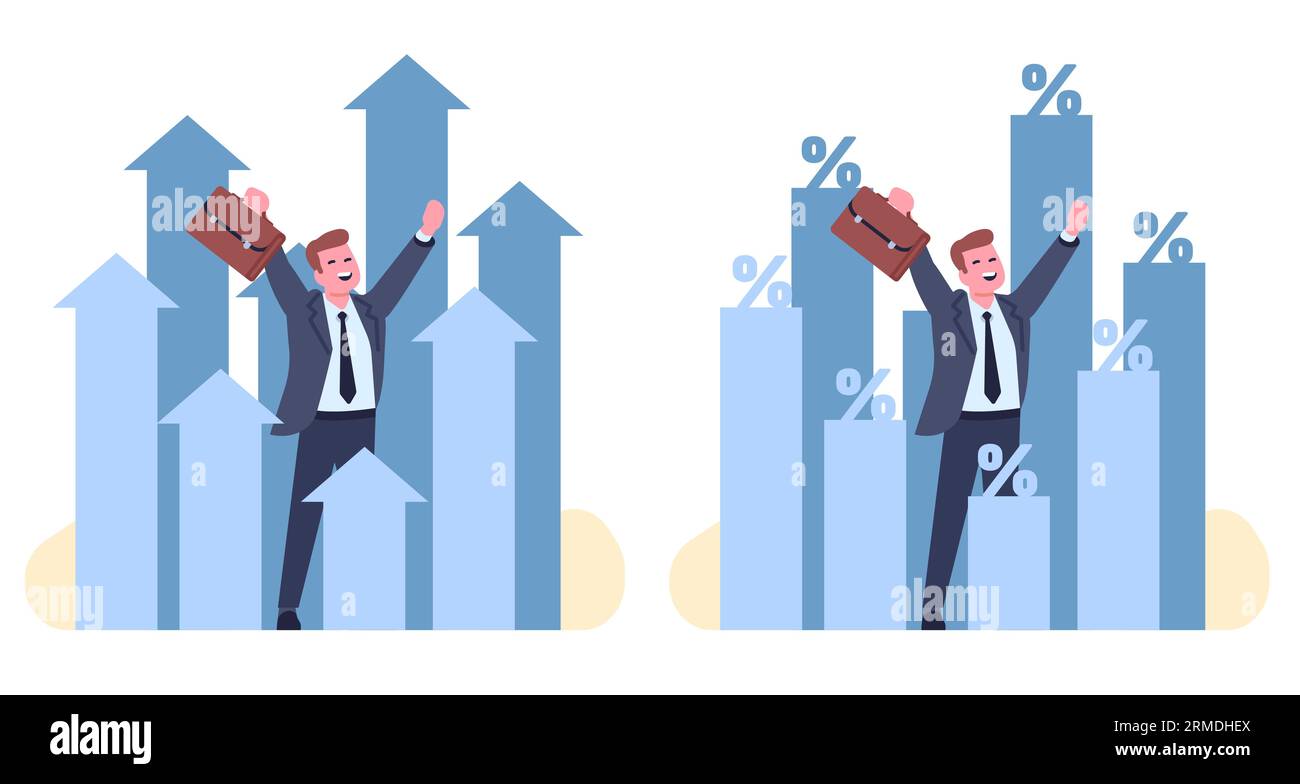 Joyful businessman around rising economic growth charts. Arrows and ...