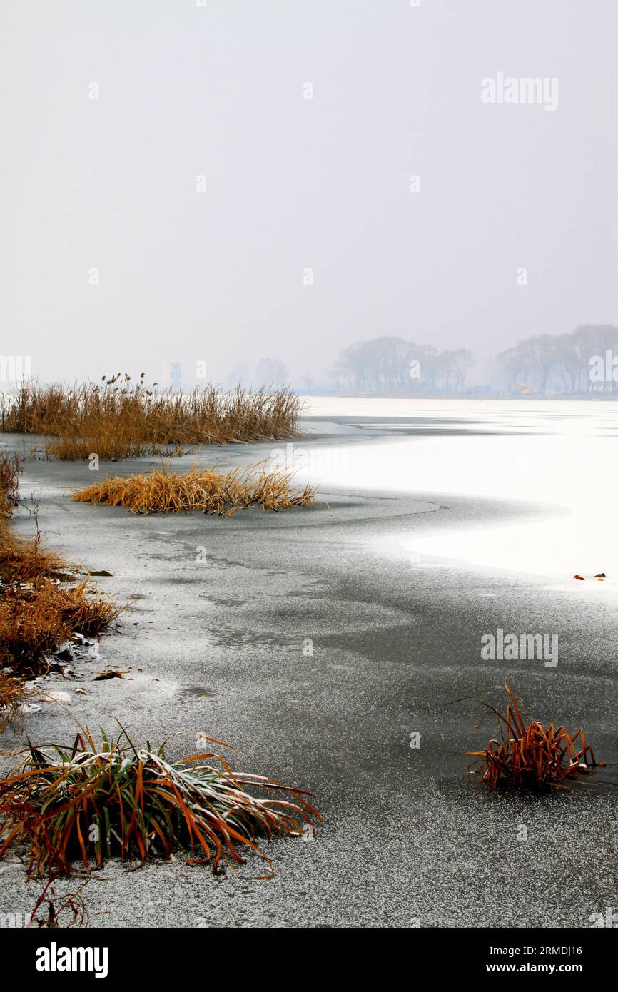 Frozen natural landscape at the side of the river, in winter, China ...