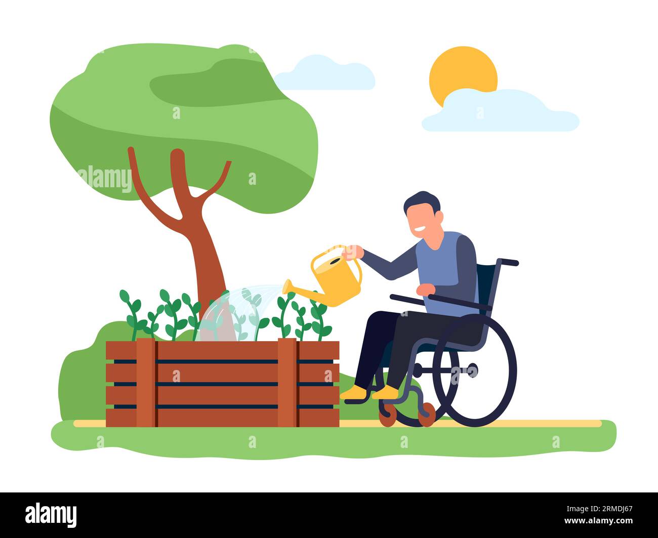 Rehabilitation therapy for disabled patient. Man in wheelchair watering ...