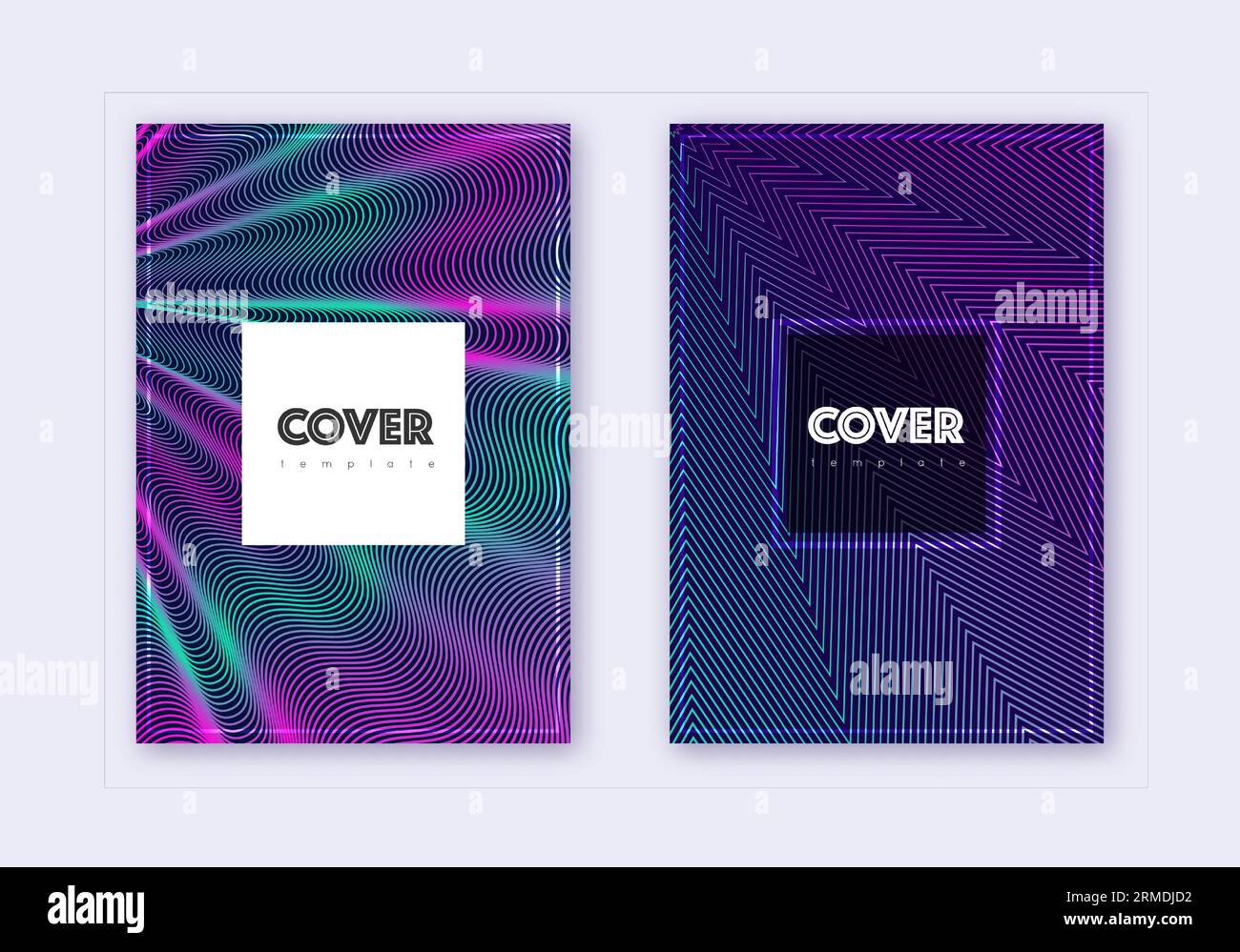 Hipster cover design template set. Neon abstract lines on dark blue ...