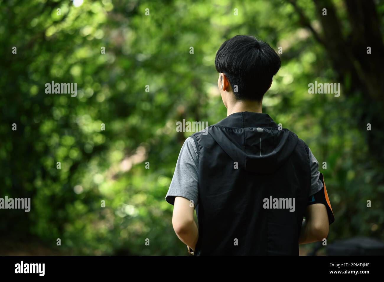 Back view of male trail running through a green forest. Sports ...