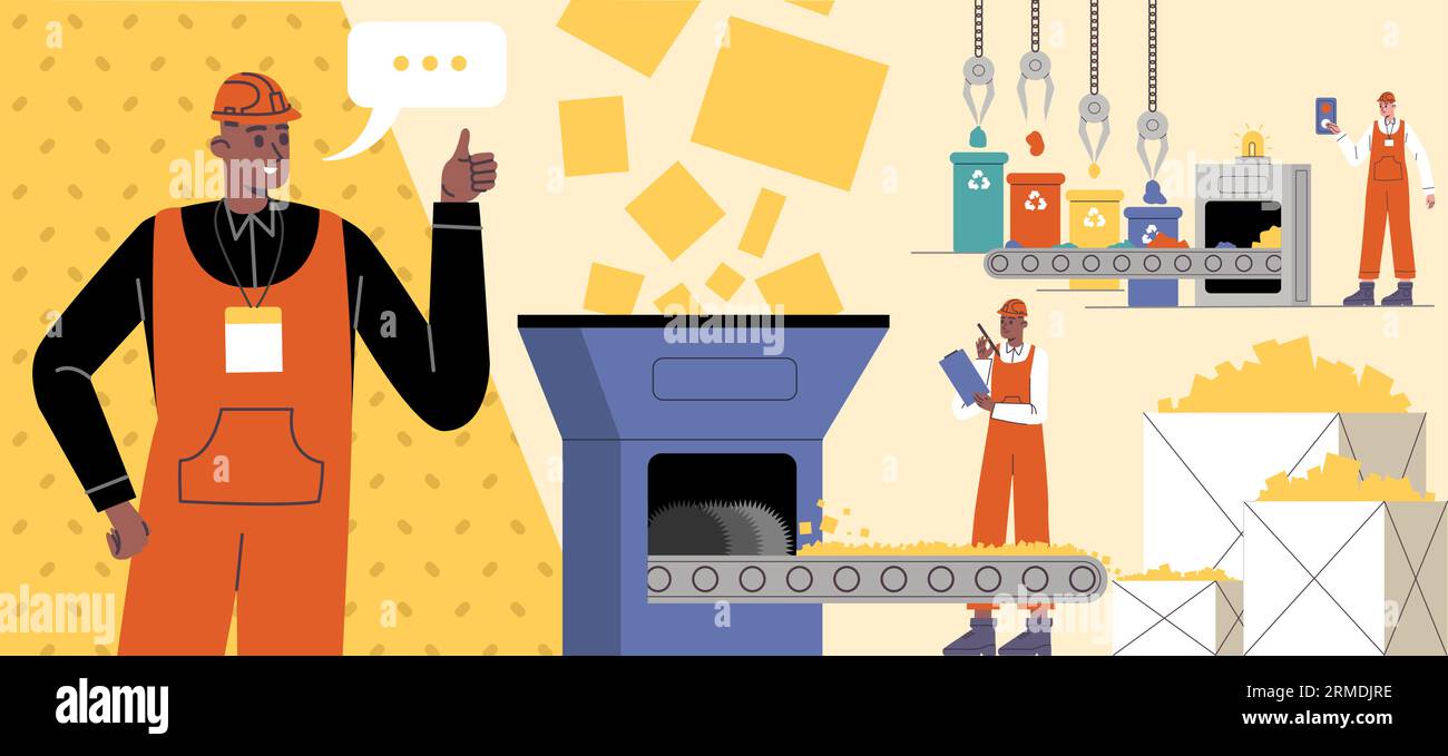 Waste recycling process. Garbage industry workers. Rubbish shredding ... Waste recycling process. Garbage industry workers. Rubbish shredding ...