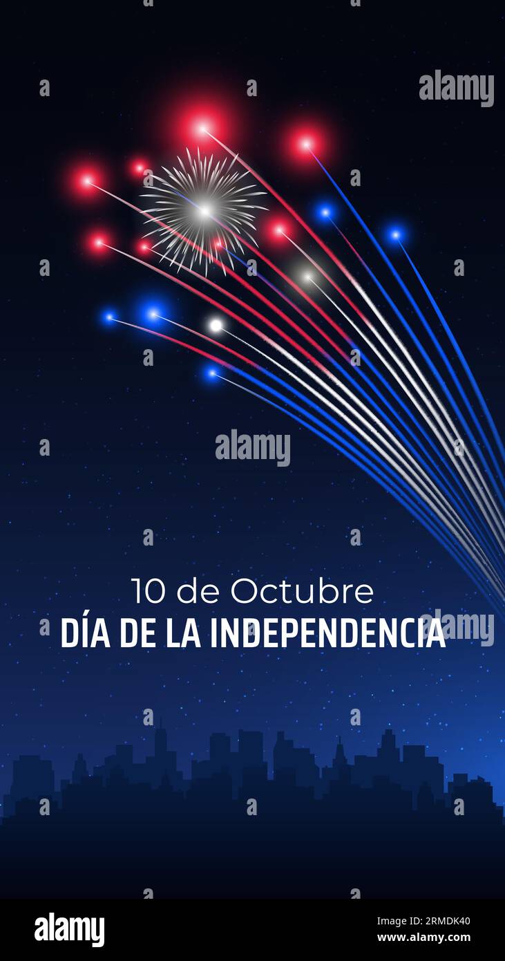 October 10th, independence day cuba, cuban flag fireworks on blue night ...