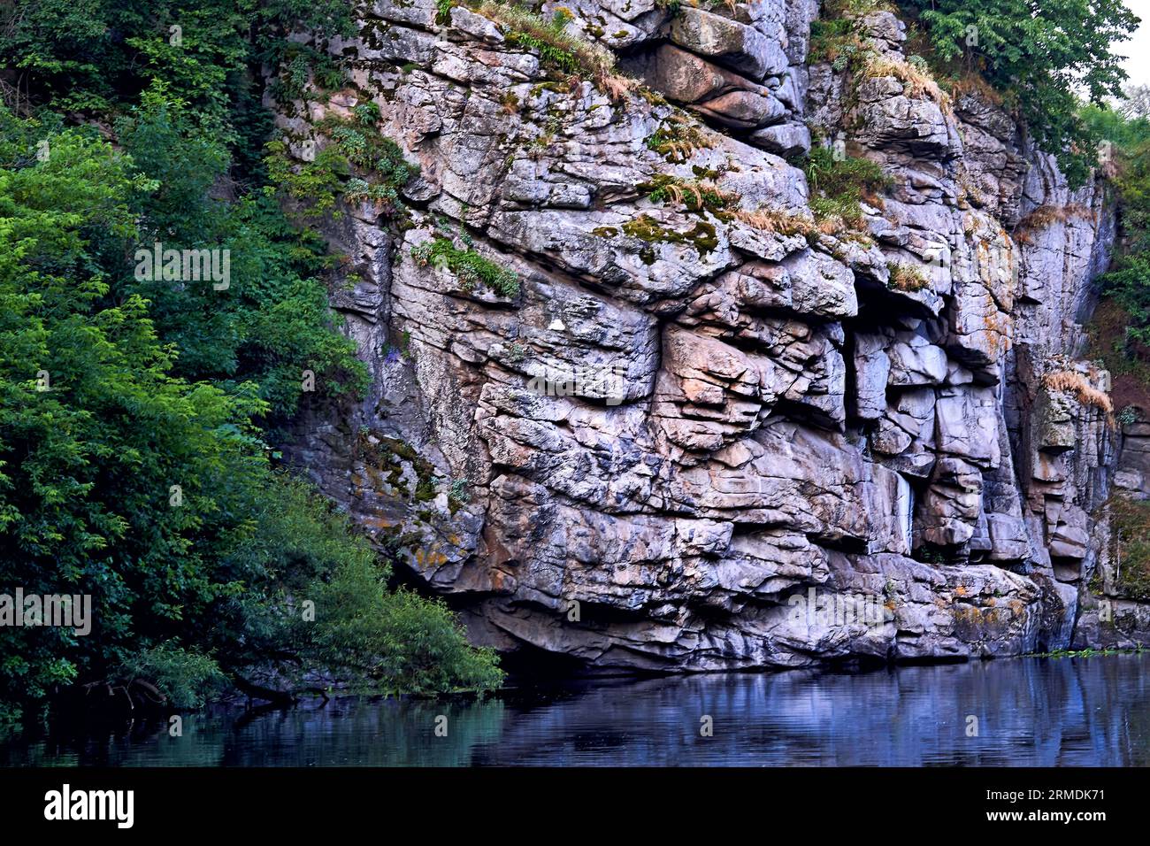 Deep rocky stone canyon with smoothly flowing water, greenery Stock ...