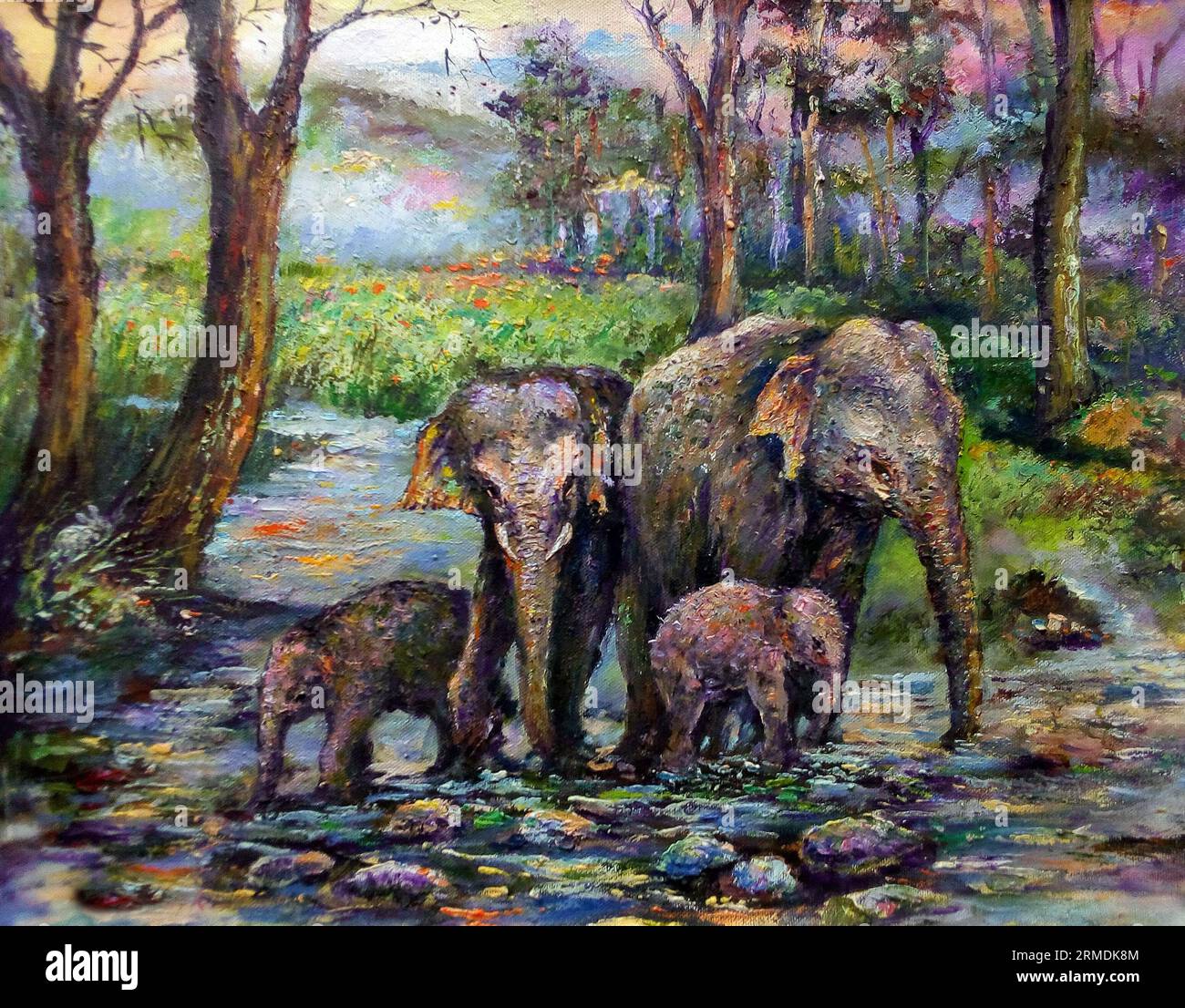 Art painting Oil color Elephant family thailand , Safari , zoo Stock ...