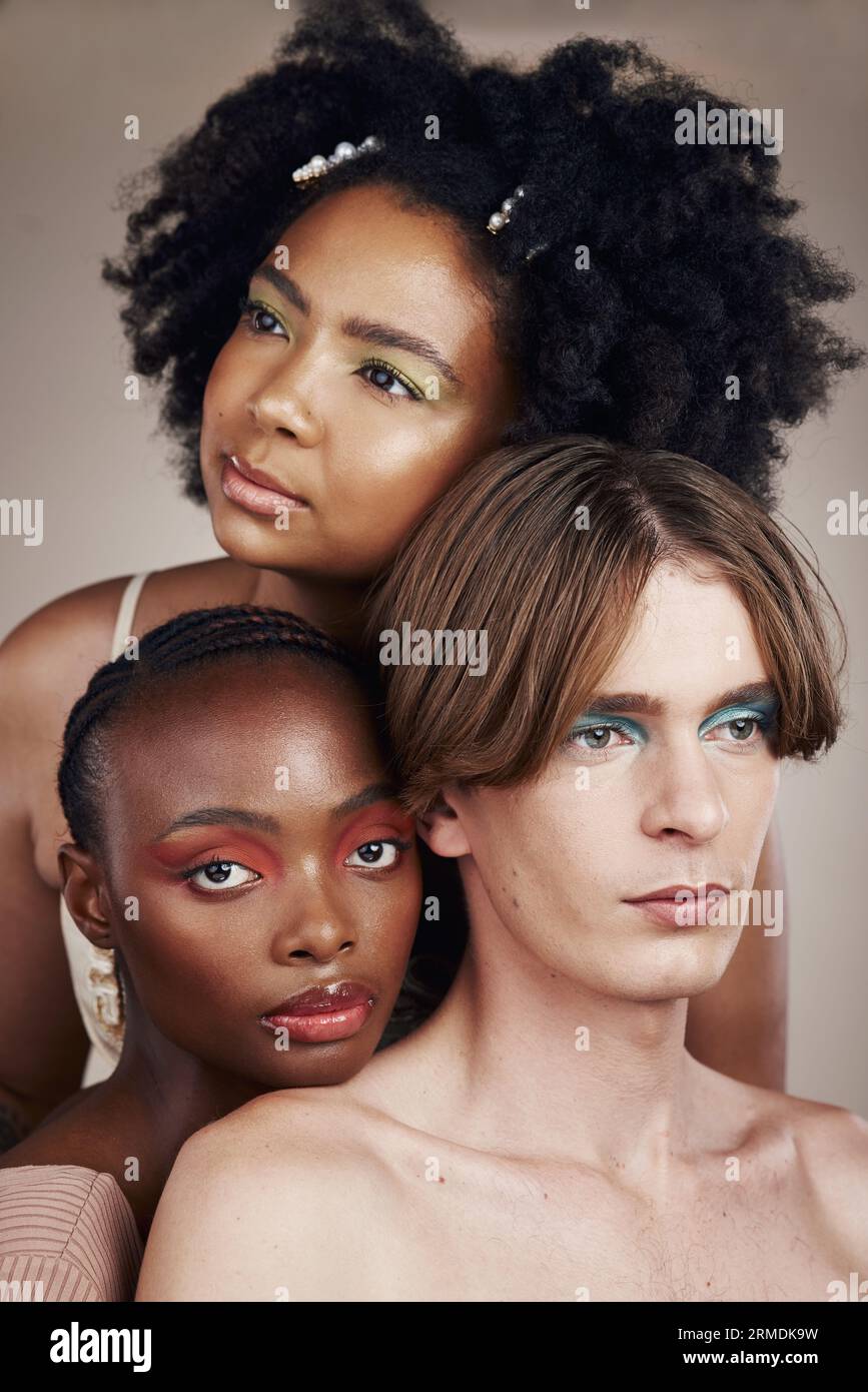 Cosmetic, beauty and young people in studio with creativity, makeup and ...