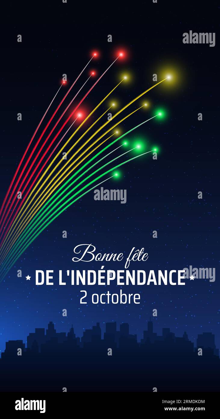 October 2, guinea independence day, colorful fireworks flag on blue ...