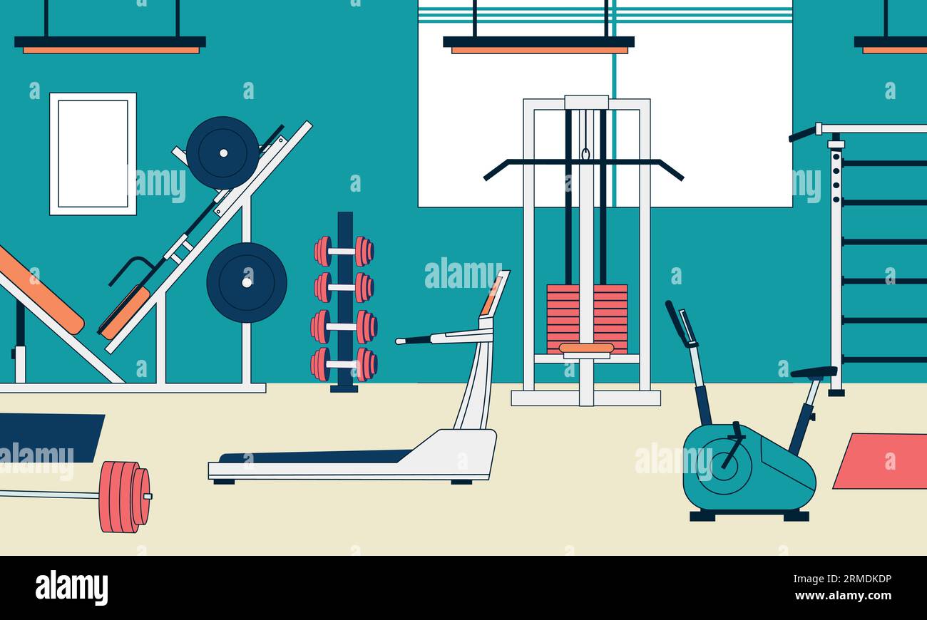 Gym interior with equipment. Cartoon fitness center with fitness ...
