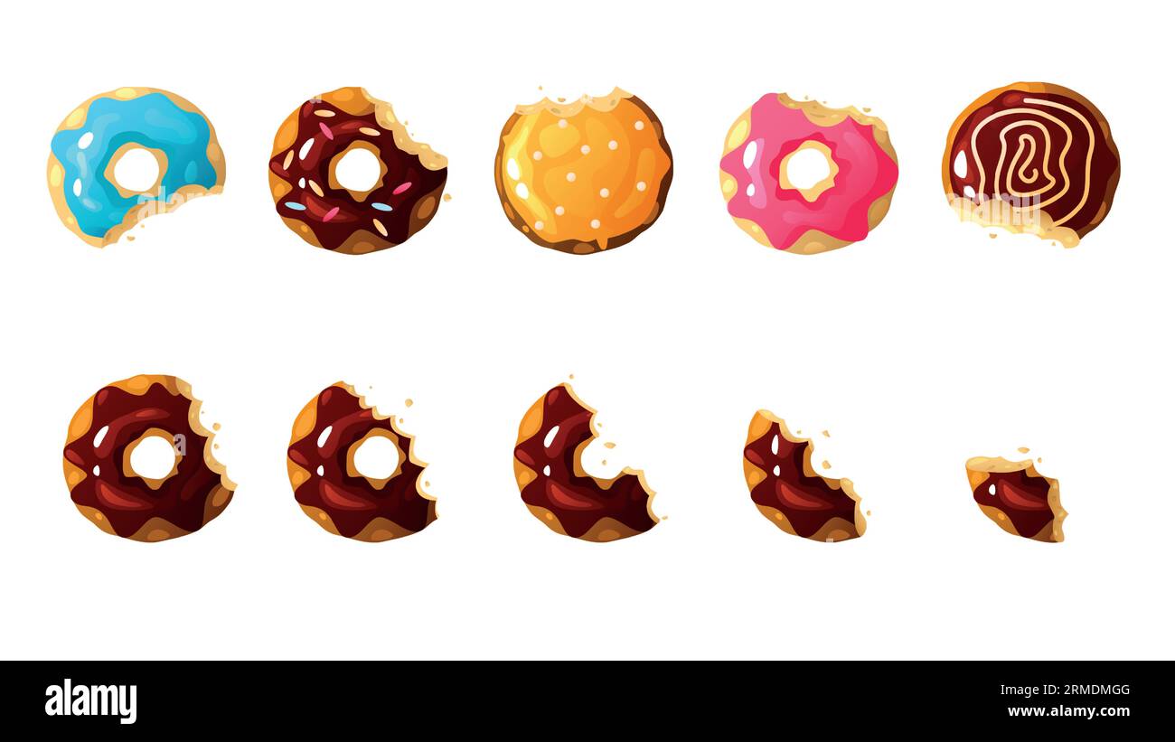 Donut bite. Cartoon sweet fried dough cakes with icing and sprinkles ...